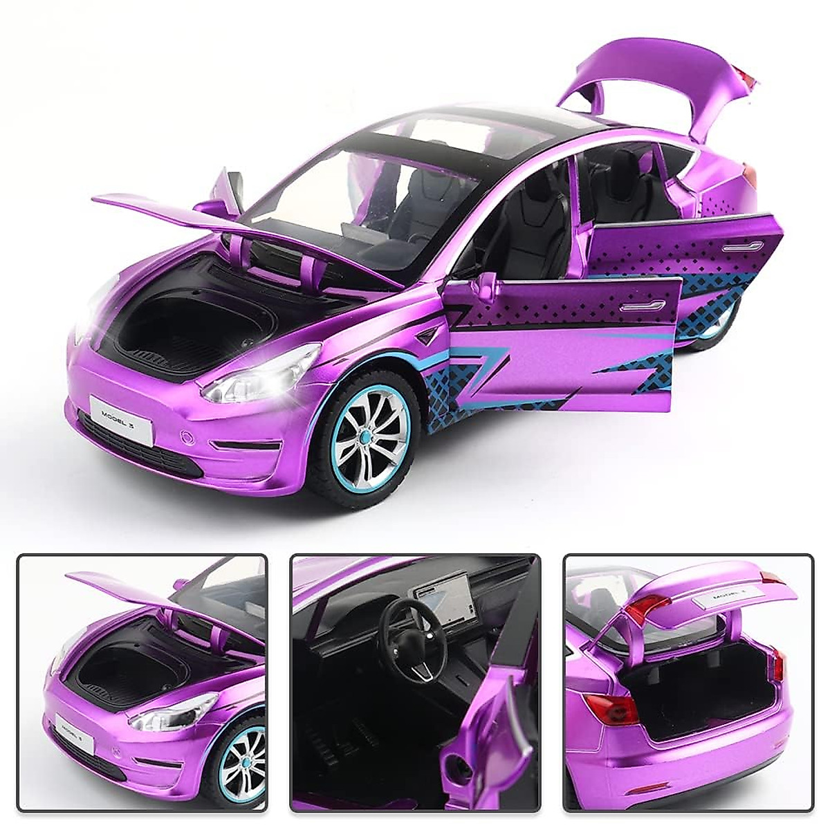 1:32 Scale Model 3 Alloy Car Model Diecast Toy Vehicles for Kids, Tesla car Model，Pull Back Alloy Car with Lights and Music,Mini Vehicles Toys for Kids Gift ，Children Birthday Gift (Black)