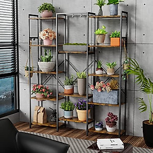 Iaocpio Bookcases and Bookshelves Triple Wide 5 Tiers Industrial Bookshelf with 6 Hooks, Book Shelf for Bedroom, Living Room, Kitchen, Study and Home Office.