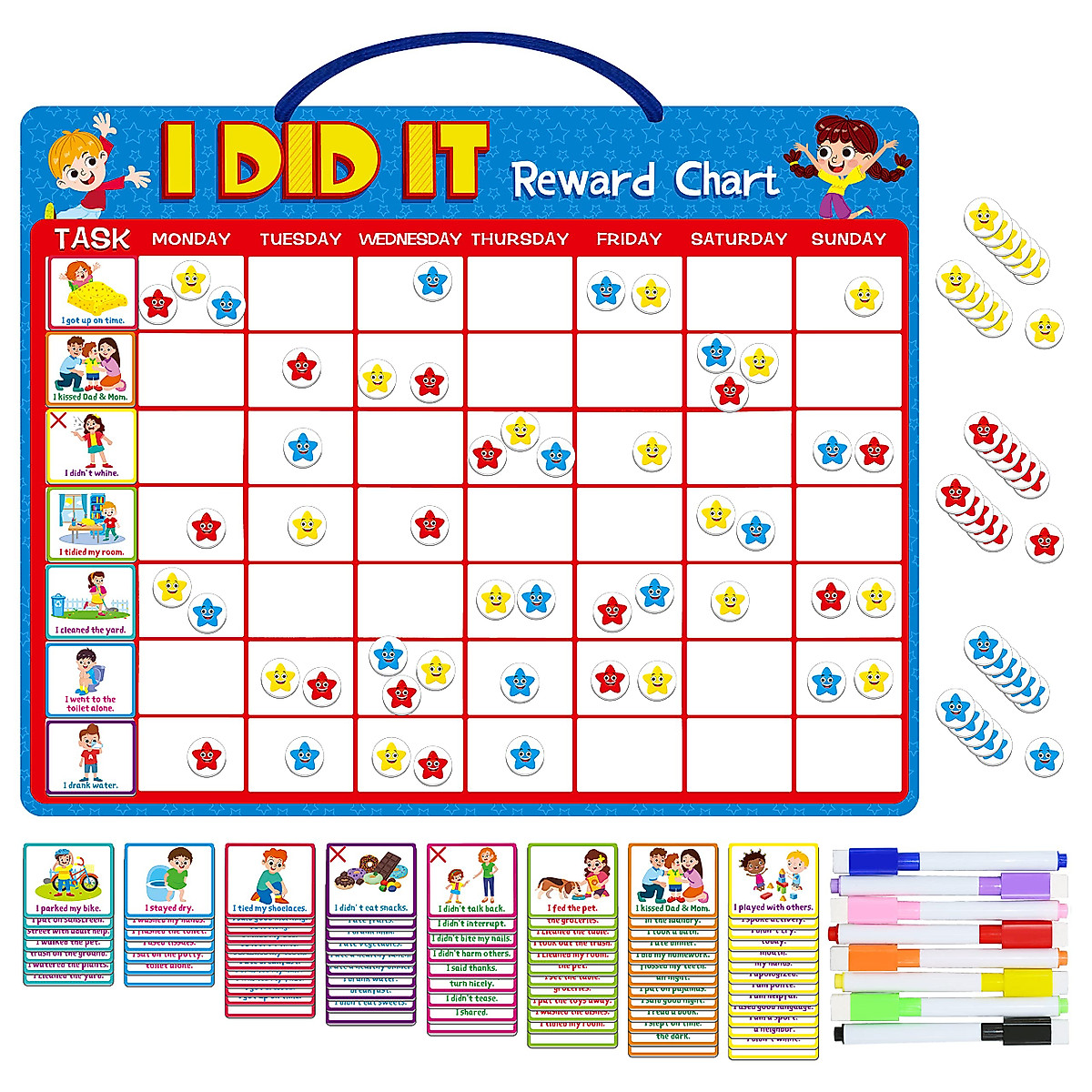 Magnetic Reward Chart, Dry Erase Kids Behavior Responsibility Task Board-84 Chores (including 7 Blanks), 272 Magnetic Stars, 8 Markers & 3 Name Cards-Good Behavior Daily Routine to motivate kids