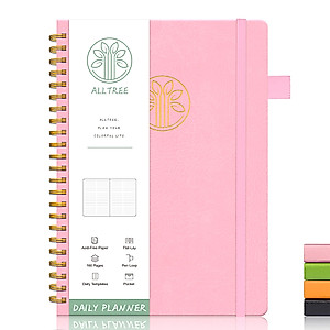 Daily Planner Undated, Daily Schedule Planner, Undated Planner With Hourly Schedule, Spiral Daily To Do List Planner with Meal Tracker, Appointment, Leather cover, 160 Pages, Pink（5.5"x8.5"）