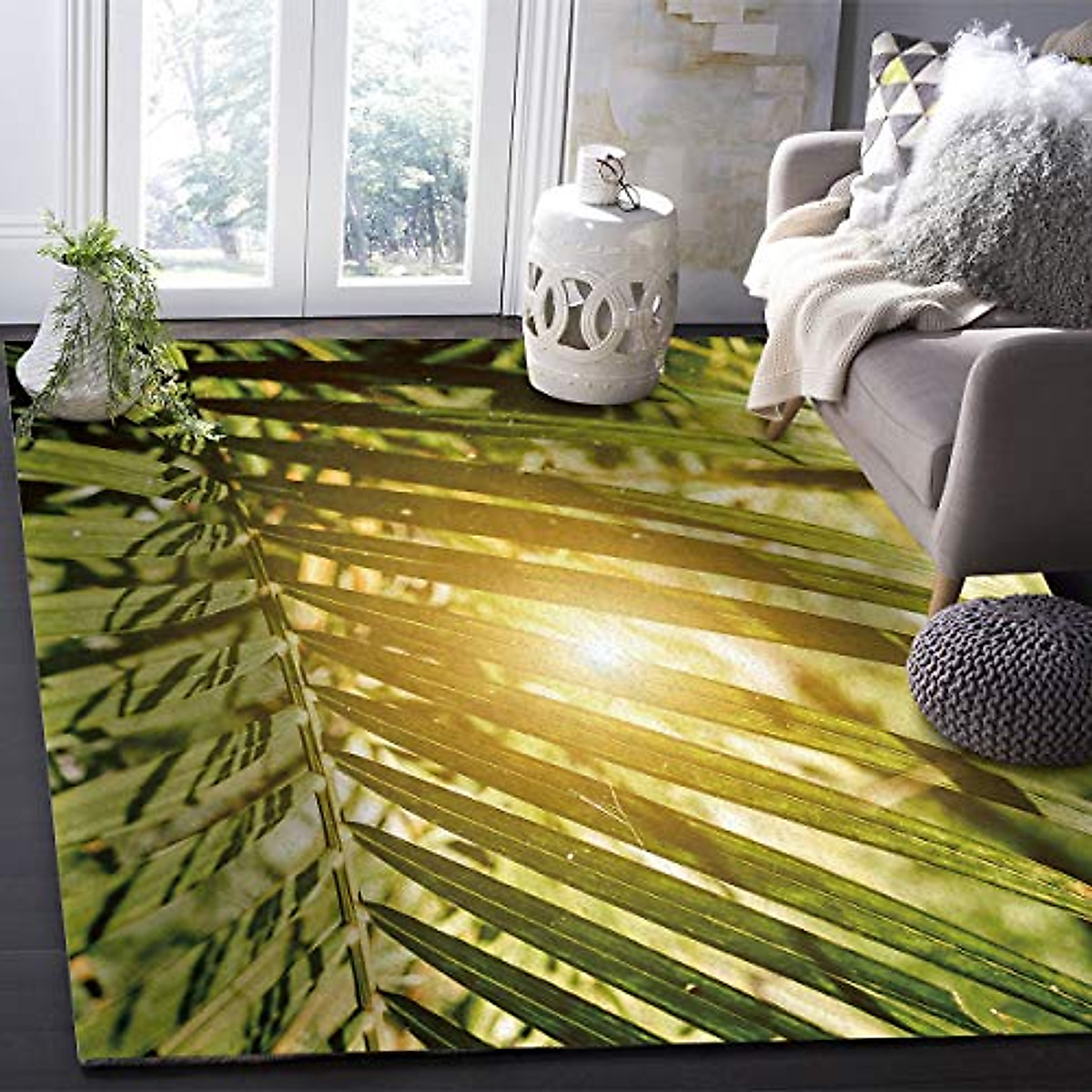 Area Rug 2' x 3' Palm Leaf Carpet Tropical Plants Sunshine Floor Mat Non Slip Runner Rectangle Rugs for Living Room Bedroom
