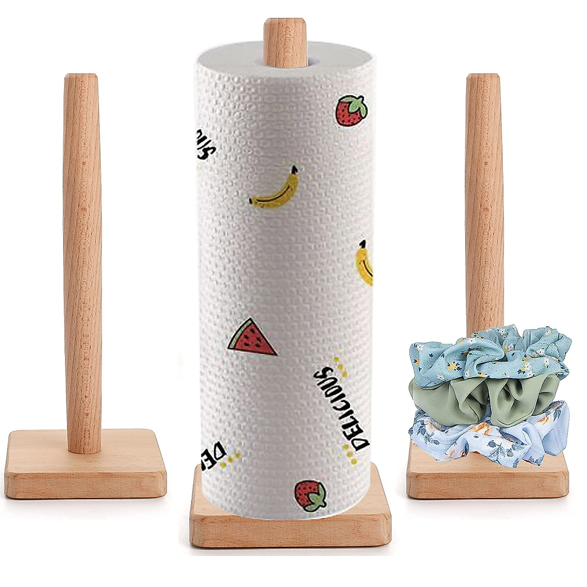 Dicunoy 3 Pack Wood Paper Towel Holder, Farmhouse Countertop Paper Towel Holder, Tissue Roll Stand Rack Paper Hanger Organizer for Kitchen, Bathroom, Living Room, Bedroom, Scrunchies Holder Stand