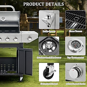 Unovivy 4-Burner Propane Gas BBQ Grill with Side Burner & Porcelain-Enameled Cast Iron Grates Built-in Thermometer, 47,000 BTU Outdoor Cooking, Patio, Garden Barbecue Grill, Black and Silver