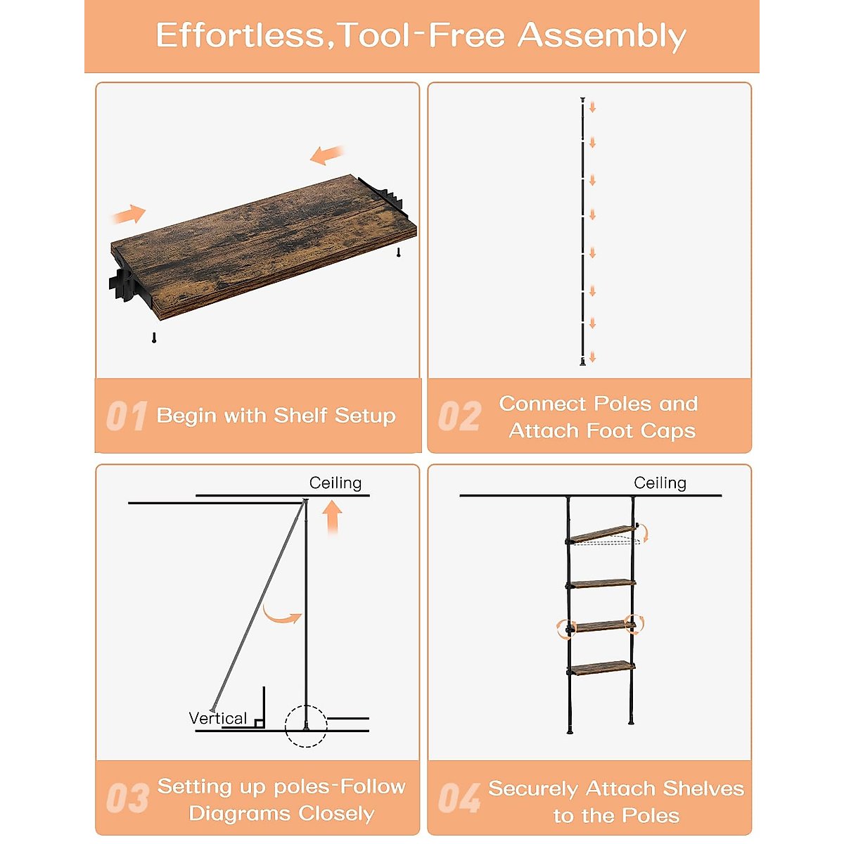 ALLZONE Adjustable Tall Narrow Bookshelf for Bedroom,4-Tier Ladder Bookshelf for Small Spaces,Tension Mount Small Book Shelf and Tall Bookcases, 64 to 113Inch Height Skinny Bookshelf with Open Storage
