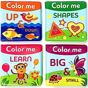 BabyBibi Color Me Bath Books Plus Crayons – Set of 4 Different Books – Includes 6 Washable Bath Crayons – Learn and Play Including Opposites and Shapes – Suitable for 2+
