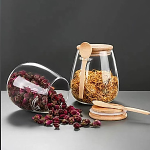 DNIENKGE Airtight glass jar storage container with bamboo lid Set of 2, wide mouth, leak-proof, With a spoon, can be used for coffee beans, tea leaves, grains, dried fruits, etc (Small)