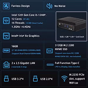 Fanless i5 Mini PC Thunderbolt 4 Intel 12th i5-1240P Dual Ethernet 2.5gb LAN Industrial Mini Desktop Computer Dual Channel 16GB DDR4 RAM 512GB NVME SSD, 4K Dual HDMI Display, 8 x USB