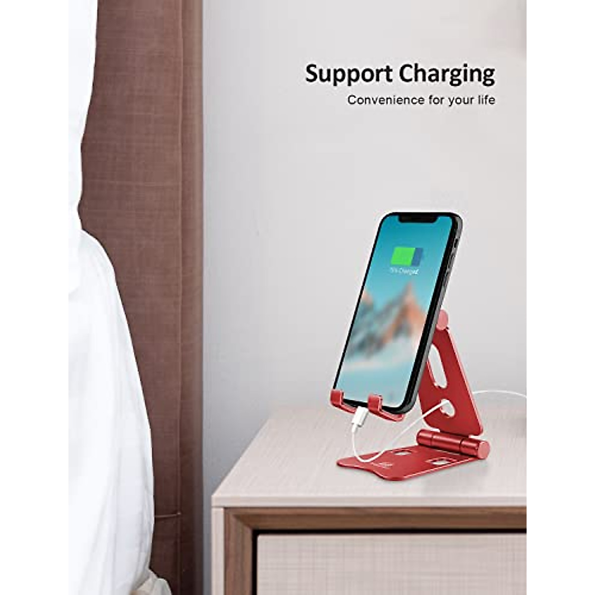 Tobeoneer Foldable Cell Phone Stand - Desk Phone Holder, Adjustable Alluminum Dock for iPhone 14 13 12 11 Pro XR XS Max 8 7 6 6s Plus Mini iPad Tablet (Red)
