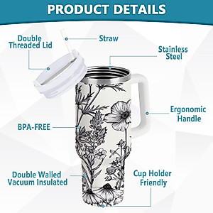KEEPREAL 40 oz Black and White Flowers Tumbler with Handle, Insulated Sports Water Bottle with Lid and Straw, Thermal Stainless Steel Travel Coffee Mug Cup #230