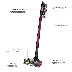 Shark Rocket Pet Pro with Self-Cleaning Brushroll, HEPA Filter Lightweight Cordless Stick Hand Vacuum, 7.5 lbs, Magenta