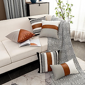 Vfuty Set of 2 Striped Boho Throw Pillow Covers 16x16 inch, Modern Leather Pillow Cover for Couch Sofa Bed, Farmhouse Decor Patchwork Accent Pillowcase, Black