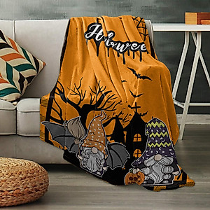 Throw Blanket- Halloween Gnome Soft Warm Plush Fleece Bed Throw,50x60In Flannel Blankets Scary House and Pumpkins Bedding Throws for Women/Men Bedroom Living Room Office Decor Orange Tartan Plaid