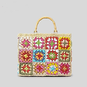 Bohemian Granny Square Handbags Casual Paper Woven Bamboo Handle Women Hand Bags Handmade Beach Bag Large Tote Purse (Beige)