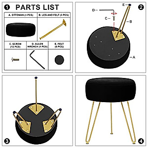 GERANT Multifunctional Vanity Stools - Velvet Round Ottoman Modern Dressing Stool -Upholstered Footrest Stool - Side Table Footstool  with Golden Metal Leg for Living Room, Bedroom (Black)