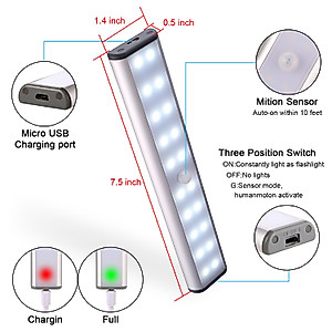 Stick-On Anywhere Portable Closet Lights Wireless 20 Led Under Cabinet Lighting Motion Sensor Activated Build in Rechargeable Battery Magnetic Little Safe Night Tap Light for Closet Cabinet (Silver)