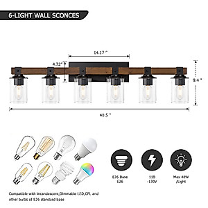 DUJAHMLAND 6-Light Wood Vanity Light,40.5 inch Farmhouse Bathroom Metal Wall Sconce with Cylinder Clear Glass Shade,Industrial Wall Light Fixtures for Hallway,Kitchen,Bedroom(Wood, 6-Light)