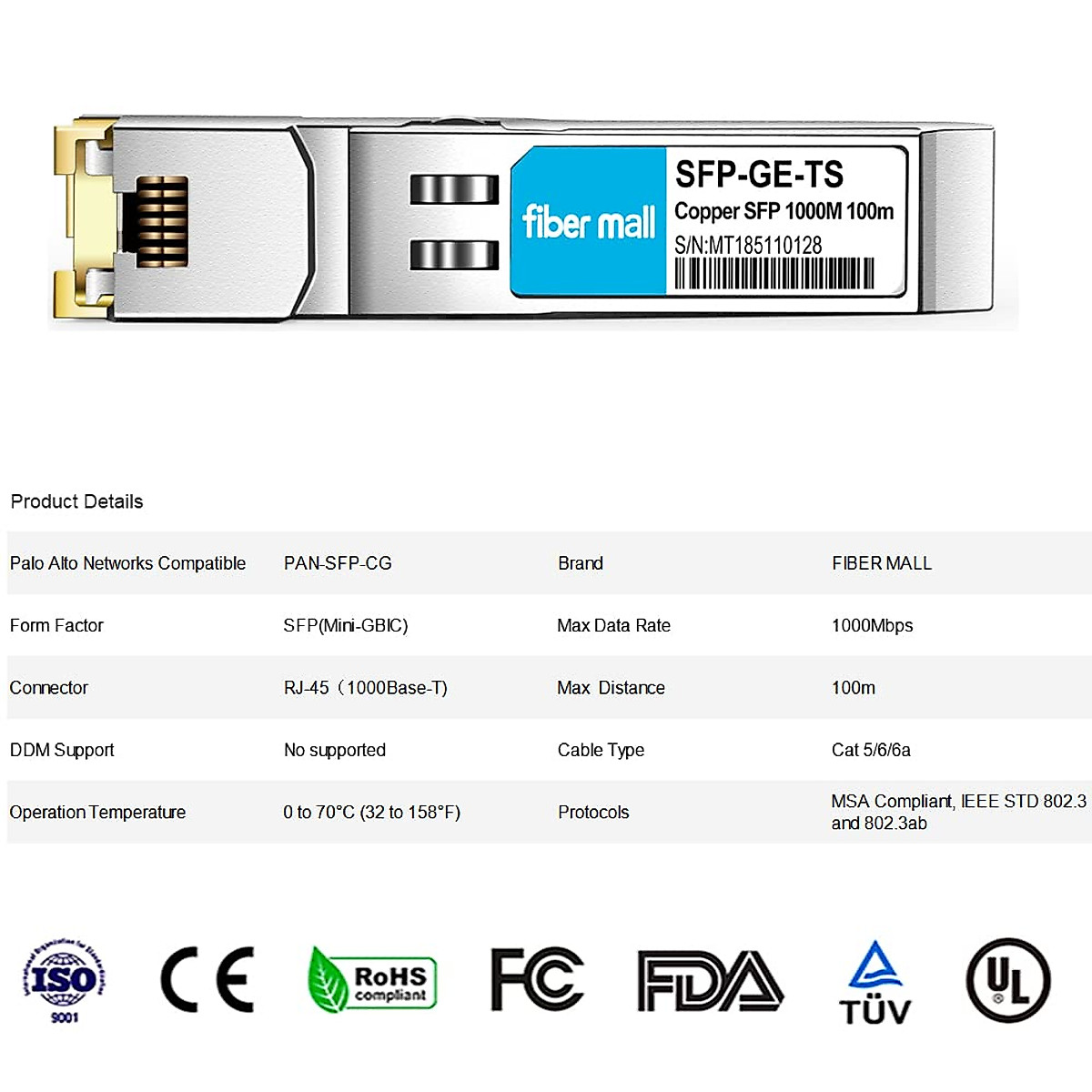 fiber mall SFP to RJ45 for Palo Alto Networks PAN-SFP-CG 1000BASE-T Mini GBIC SFP Copper RJ-45 100m Transceiver Module