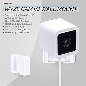 BRAINWAVZ 3 Pack Wall Mount for Wyze Cam V3, Adhesive VHB Stick On - Easy to Install, No Tools Needed, No Mess, No Drilling, Strong Adhesive Mount, White