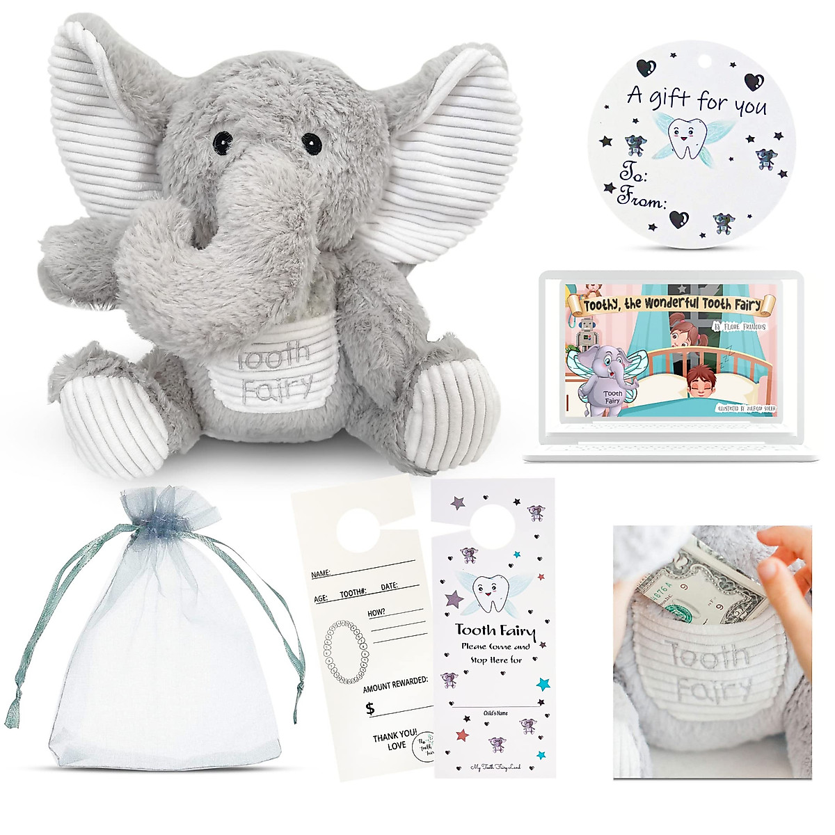 YOLLIT Little Robbie Co. Elephant Tooth Fairy | Girls | 10" Tooth Fairy for Boy | Tooth Fairy Kit w/Door Hanger & E-Book | Tooth Fairy Gifts | Tooth Holder Pouch for Tooth Fairy for Boys