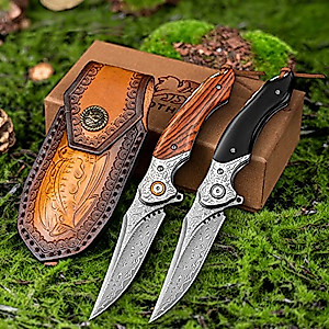 LOTHAR Damascus Pocket Knife for Men, 7.78" VG10 Folding Knife with Retro Leather Sheath,Sandalwood Handle, Classical Bolster, Lanyard Hole, EDC Knife Anniversaries, Christmas, elegant gifts for Men (Black)