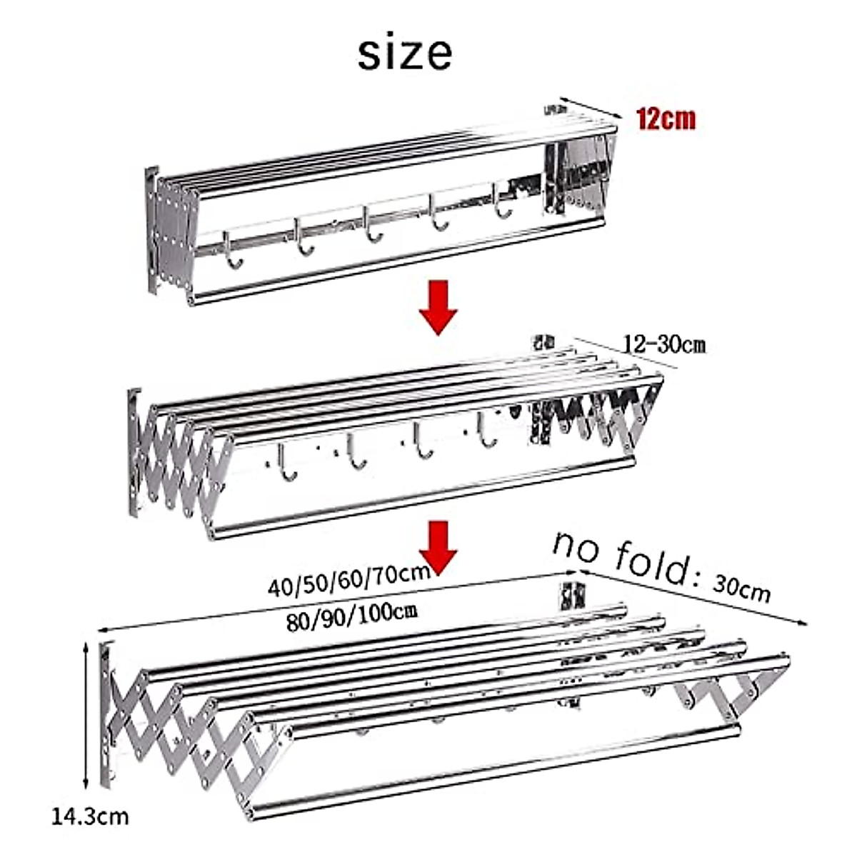 XMCX Folding Laundry Drying Rack- Wall Mounted Clothing Shelf for Shirts Pants Towels Shoes Garments Hanging Hanger Easy Storage (Size : 100cm/39.4in)