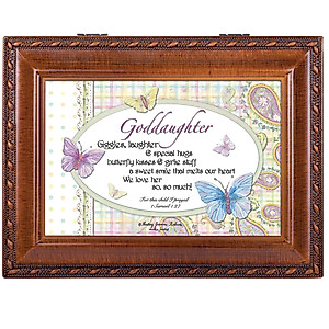 Cottage Garden Goddaughter Kisses Hugs Love You Woodgrain Rope Trim Jewelry Music Box Plays Jesus Loves Me