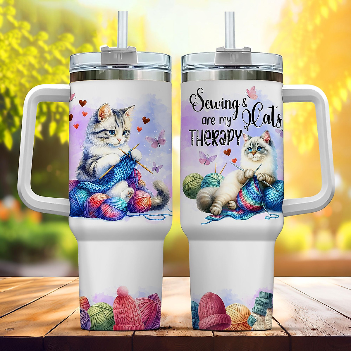 99WHALE Cat Gifts, Tumbler 40 Oz With Handle Lid And Straw, Steel Quartz Handle Women Cup Parade Coffee Tumblers Hot Adults Funny Light Cups Lover Simple Rose, Cats And Sewing