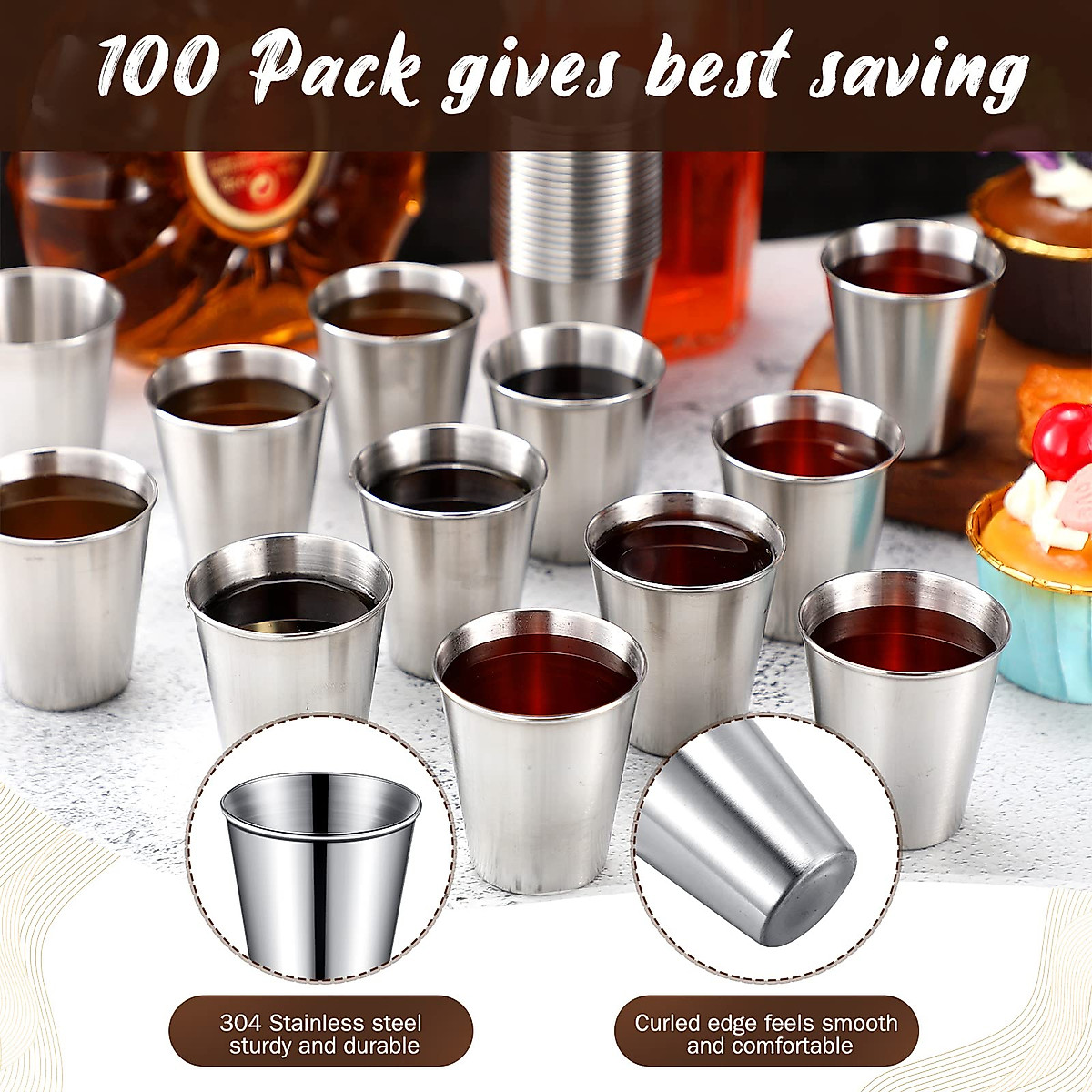2 oz Stainless Steel Shot Glasses Metal Cups Small Unbreakable Shot Glass for Espresso Whiskey Bar Home Restaurant Camping Barware Gift (Silver,100 Pcs)