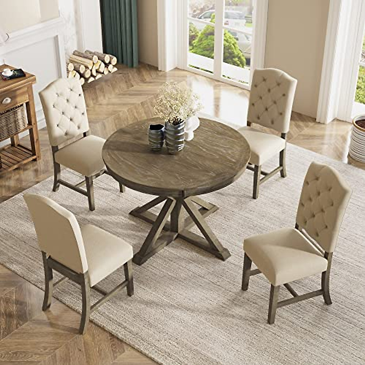Goozio Retro Style 5-Piece Round Table and Chairs Set,Round Dining Table for 4,Extendable Dining Set with Round Table and 4 Upholstered Chairs for Kitchen,Natural Wood Wash