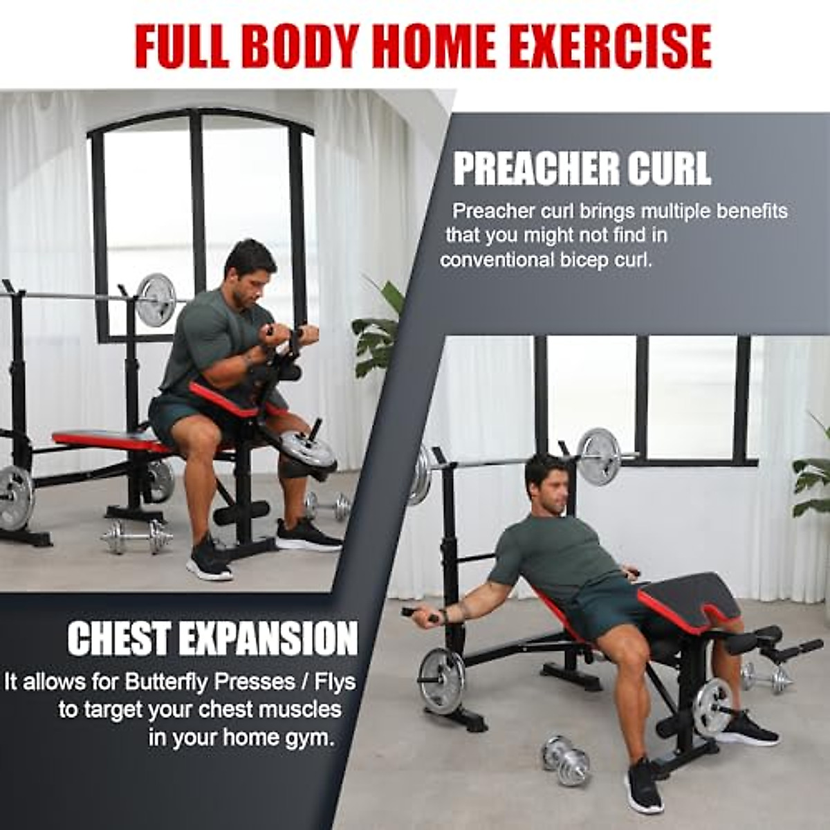OPPSDECOR 660lbs 6 in 1 Weight Bench Set with Squat Rack, Workout Bench with Leg Extension Preacher Curl Rack Multi-Function Bench Press Set for Home Gym, ZWX1113 New Version Weight Bench
