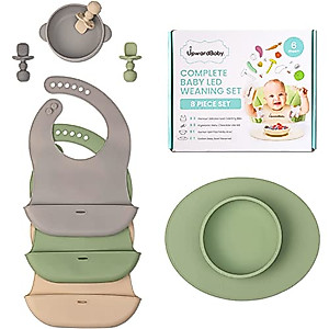 Upward Baby Led Weaning Supplies - Suction Plates for Baby - Spoons Self Feeding 6 months Suction Bowls Silicone Plates - Toddler Plates Bowls Self Eating - Infant First Stage BLW Utensils 6-12 Months