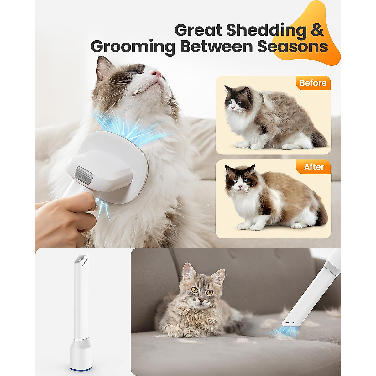 oneisall Cat Vacuum Brush for Shedding Grooming, Low-Noise Pet Grooming Vacuum for Cats Long Short Haired, Cat Grooming Brush for Loose Fur and Undercoat, Pet Hair Removal Between Seasons