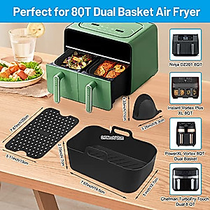 6 Packs Silicone Air Fryer Liner, Air Fryer Silicone Pot Rectangular for Ninja Foodi Dual DZ201 8QT, Replacement Baking Tray for Ninja/Instant Vortex Dual Zone Air Fryer AF300UK, AF400UK (Black)