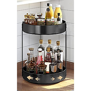 Fineget Spinning Large Metal Spice Rack Organizer for Cabinet Kitchen Lazy Susan Rotating Turntable Tiered Countertop Vertical Storage Rack Self Black (2Tier + Single Layer, 2Sets)