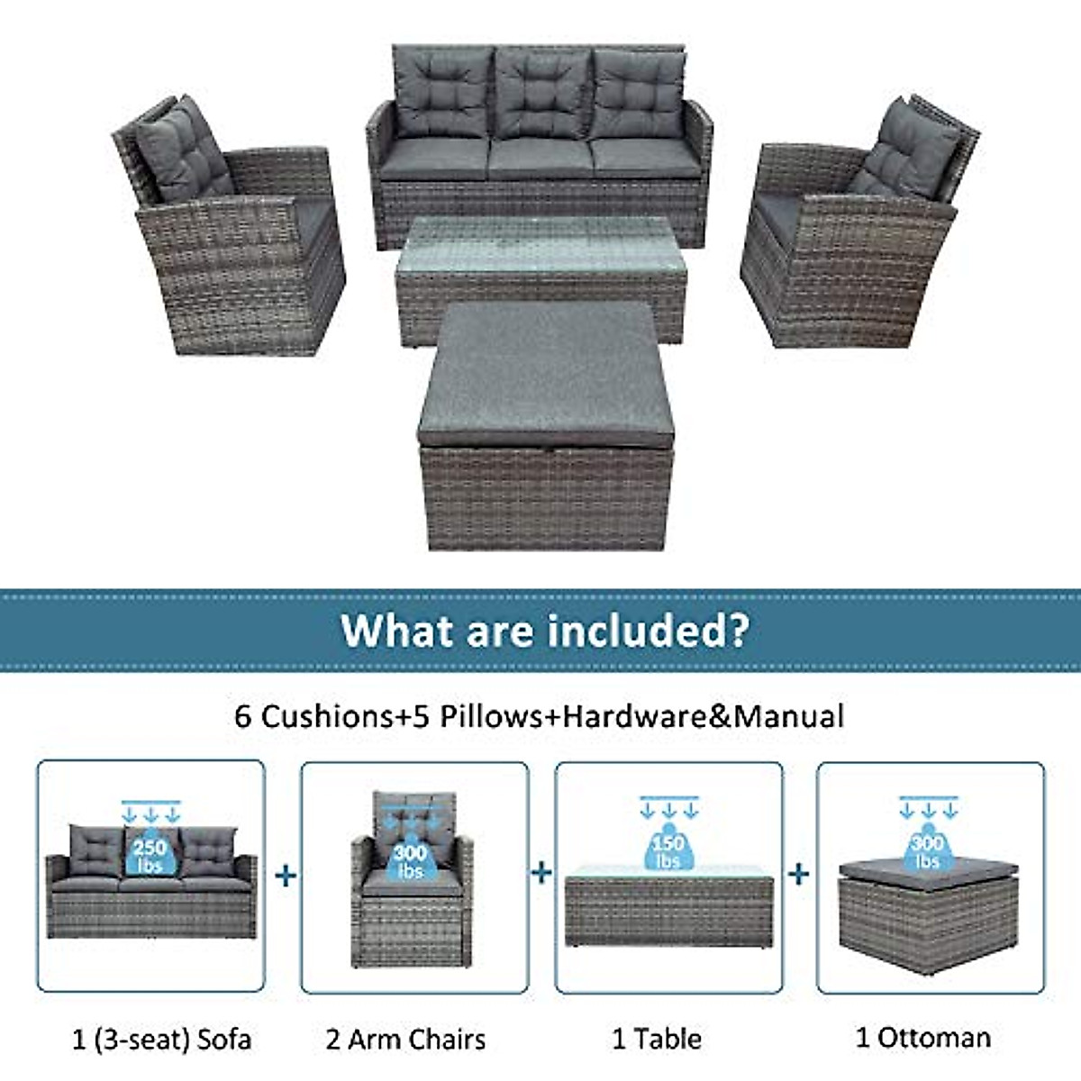 SIYAHOME Conversation 5 Piece UV Outdoor Patio Storage Bench Garden Furniture, PE Modular Set, All Weather Rattan Sofa Dining Table Chair, Grey Wicker, Gray