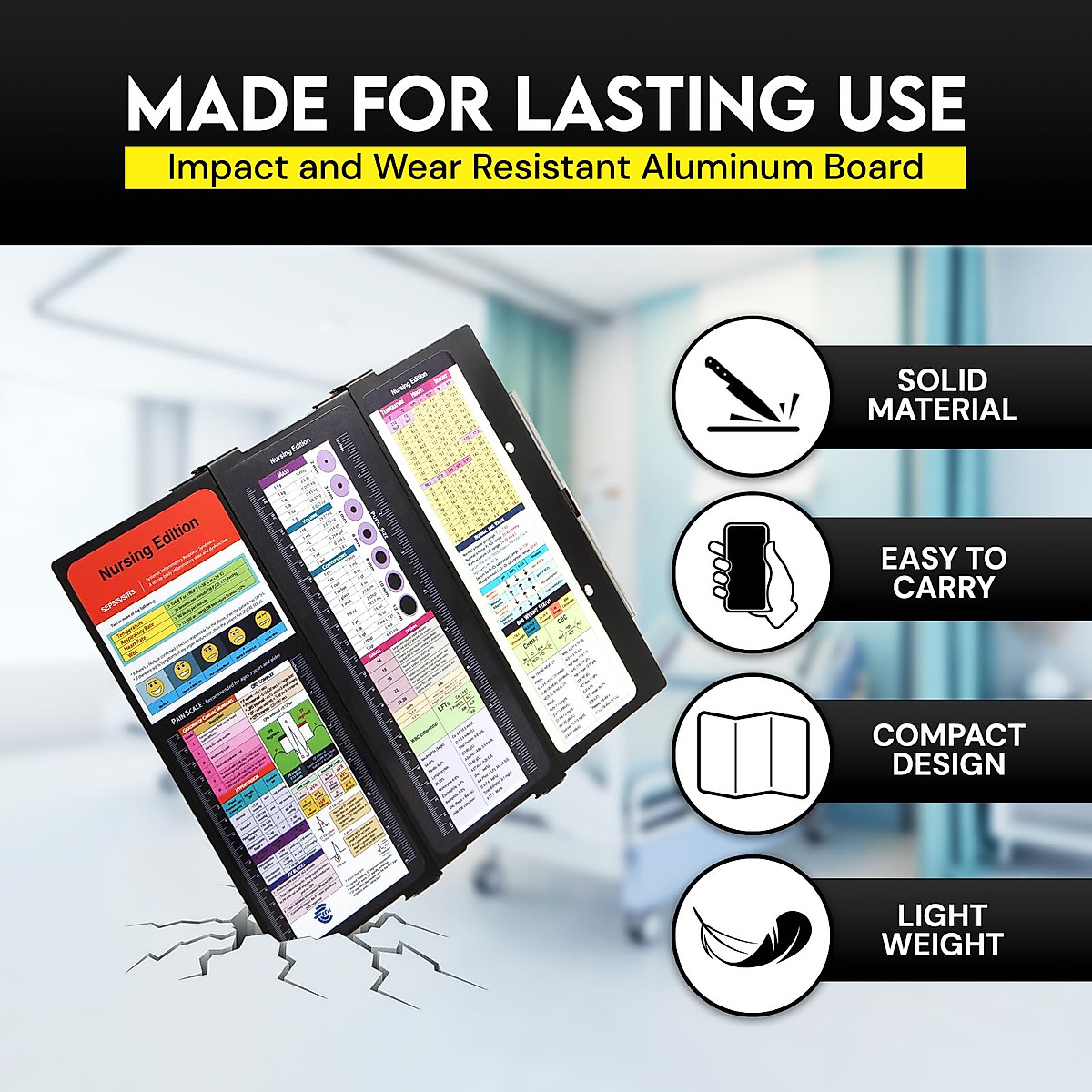 Nursing Clipboard with Nursing and Medical Edition Cheat Sheets 3 Layers Aluminum Foldable Nurse Clip Boards Notepad for Students, Nurses and Doctors (Black)
