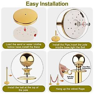 Stainless Steel Stanchion Post Queue 5 ft Red Velvet Rope Red Carpet Ropes and Poles Crowd Control Barriers Sand Injection Hollow Base and Velvet Ropes Set for Party Supplies (4 Pieces, Gold)