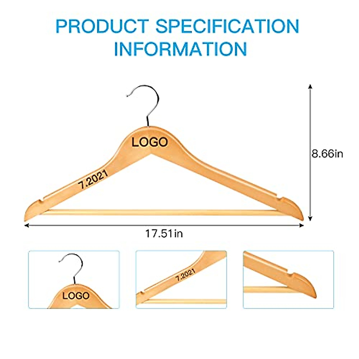 Wooden Coat Hangers, 5 Pieces of Personalized Engraved High-End Wooden Suit Hangers with Non-Slip Trouser Bars, 360° Rotating Hooks and Precise Cut Notches for Jackets, Pants, Dress Hangers (1)