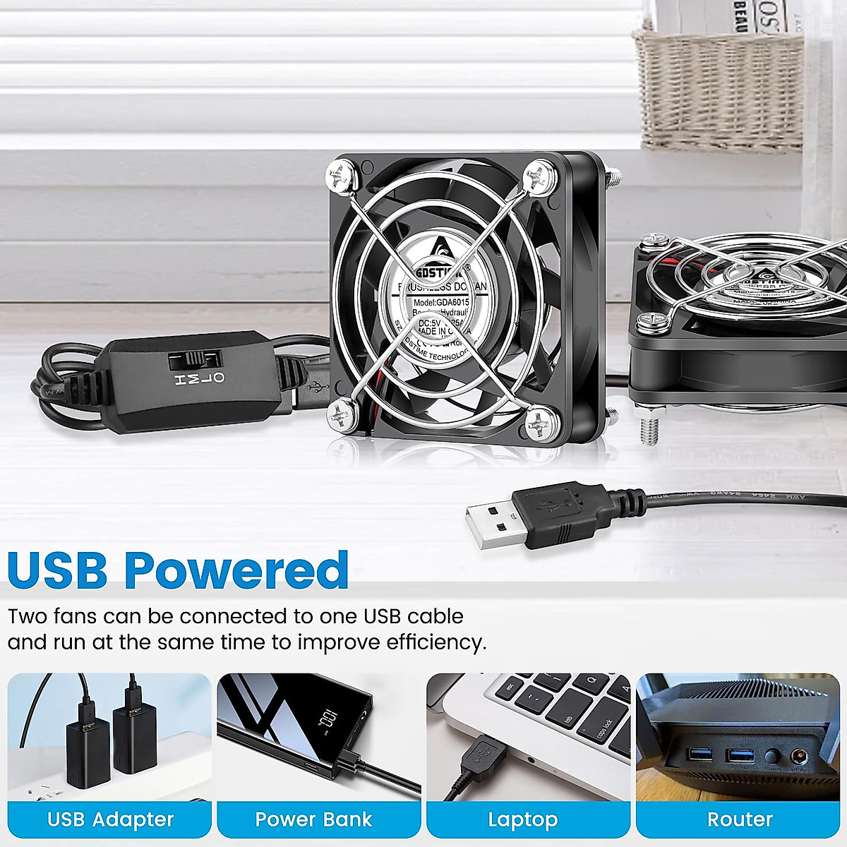 GDSTIME 2-Pack 60mm x 15mm USB Fan with 3 Speed Control, 5V Brushless DC Cooling Fans for PC Computer Case Cooler Raspberry Pi Radiator Ventilation