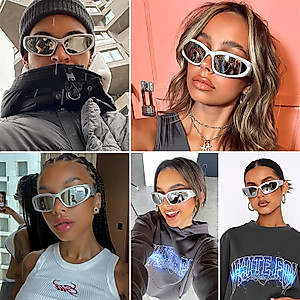 knliwkm 3 Pairs Oval Sporty Wrap Around Sunglasses Y2K Futuristic Glasses Shades for Women Men Trendy Fashion Silver