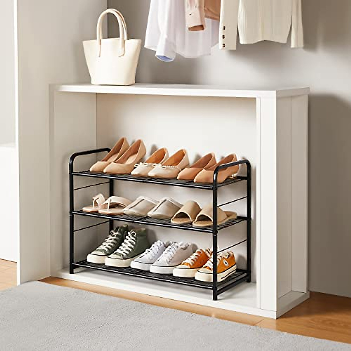 LEGUANG 3-Tier Stackable Shoe Rack Storage Organizer, for Bedroom Closet, Entryway, Hallway, Expandable & Adjustable, Wire Grid, Black