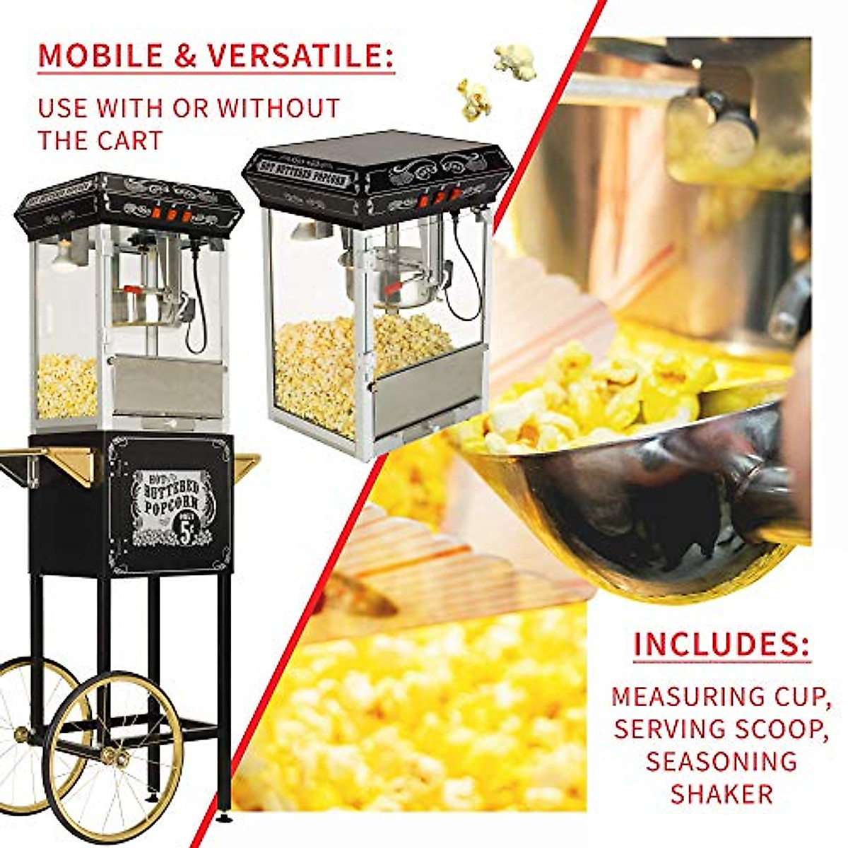 Funtime Sideshow Popper 8-Ounce Hot Oil Popcorn Machine with Cart, Black/Gold