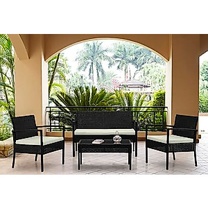 Manhattan Comfort Noli 4-Piece Patio Conversation Set, Outdoor Furniture Made of Steel Rattan | Includes 2 Modern Armchairs, Loveseat, Tempered Glass Coffee Table, Removable Waterproof Cushions, Cream