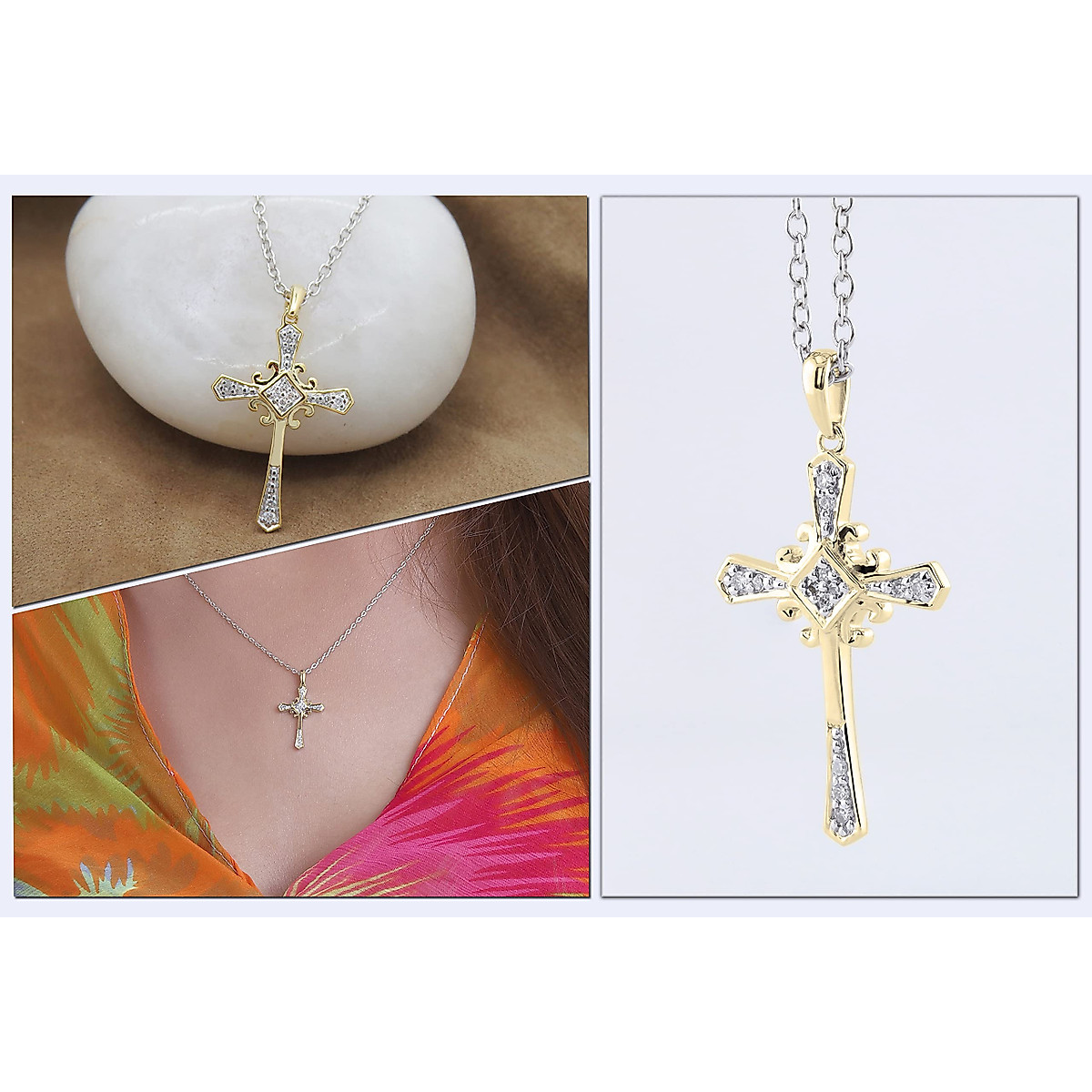 Dazzlingrock Collection 0.10 Carat (ctw) 18K Round White Diamond Cross Pendant 1/10 CT (Silver Chain Included), Yellow Gold