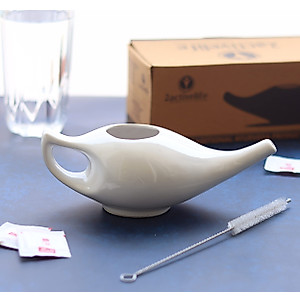 Handmade Ayurvedic Ceramic Neti Pot for Nasal Cleansing & Sinus| Premium Handcrafted Durable, Dishwasher Safe, for Nasal Cleansing + 5 Sachet Neti Salt, 225 Ml. (7.6 FL Oz) Capacity -White Color