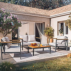 Greesum 4 Piece Furniture Patio Lounge Conversation Set Solid Wood Armrest & Table Top Anti-Drop Thick Waterproof Cushion, Beige