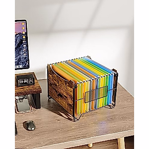 Oterri Hanging file box,Large Hanging File Organizer, Rustic Wood & Metal File Storage Organizer, Letter Size Hanging File Holder, Brown Filing Crate for Office&School (No Folders)