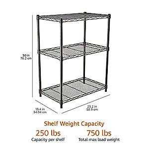 Amazon Basics 3-Shelf Adjustable, Heavy Duty Storage Shelving Unit (250 lbs loading capacity per shelf), Steel Organizer Wire Rack, Black, 23.2"L x 13.4"W x 30"H