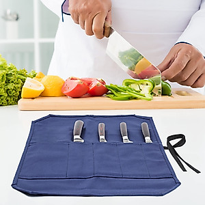 Chef Knife Roll, Heavy Duty 16OZ Waxed Canvas Knife Roll, 5 Slots Knife Bag with Professional Cut Resistant Fabric, Blue (21"L x 15.5"W)