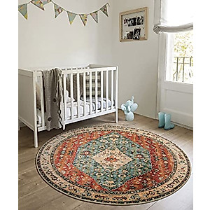 Lahome Boho Tribal Round Rug - 4Ft Persian Soft Bedroom Round Area Rug Entryway Foyer Throw Mat Washable Non-Shedding Non-Slip Sofa Carpet for Nursery Living Dining Room,Rust/Dull Teal